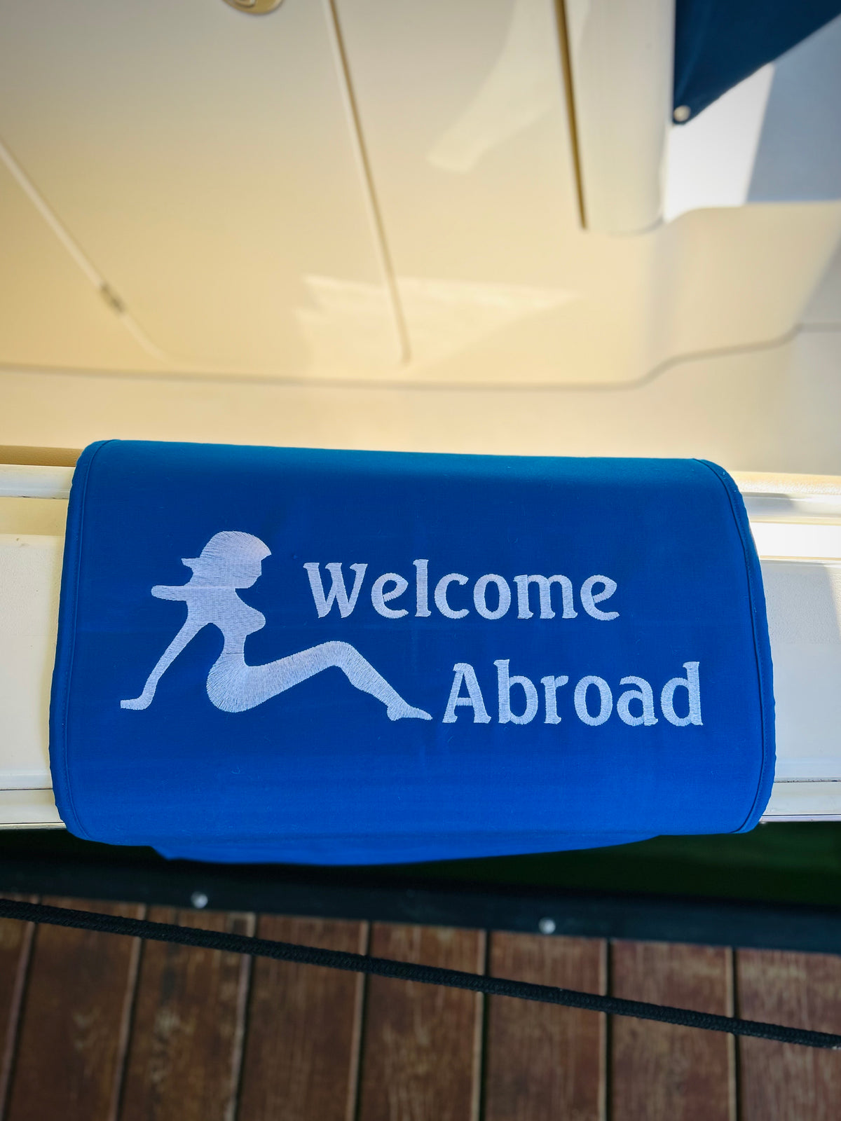 Custom "Welcome Abroad" SUNBRELLA Canvas Gunwale Boarding Mat | Matworks