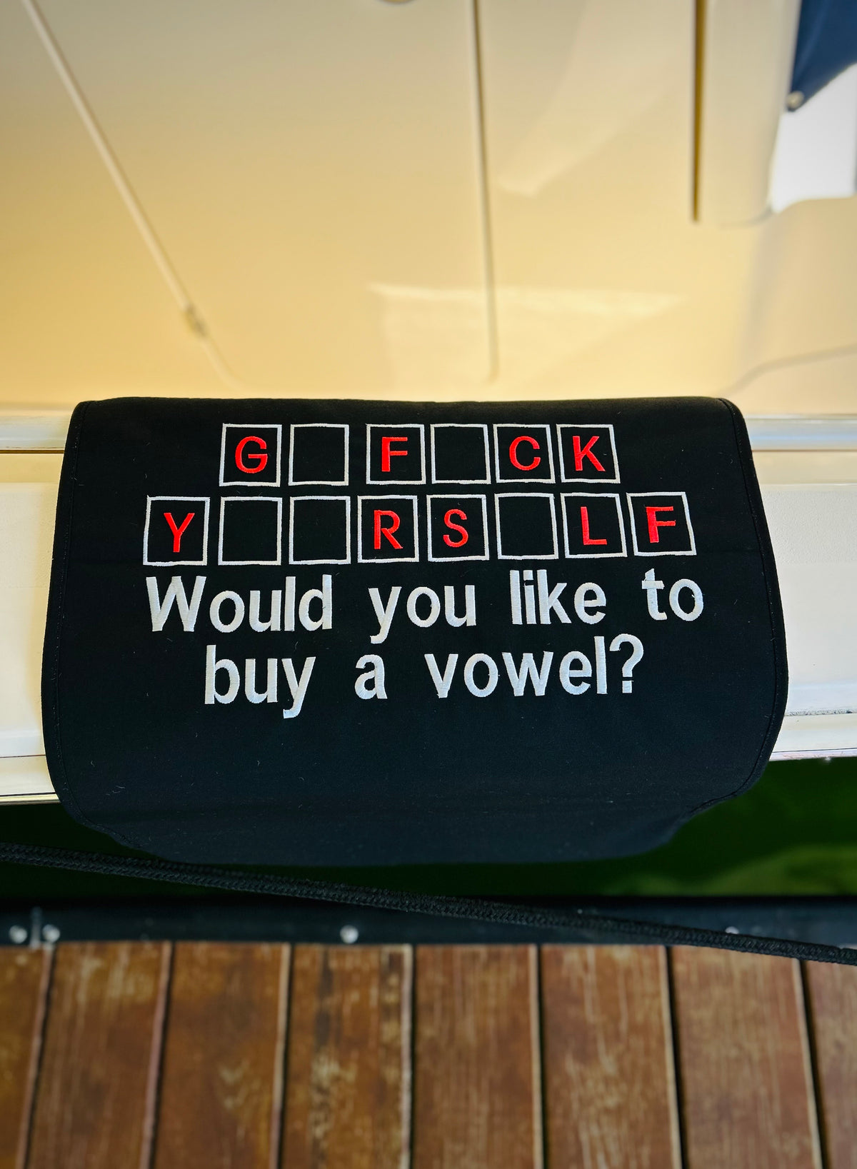 "Would You Like to Buy a Vowel" Sunbrella Gunwale Boarding Mat | Matworks